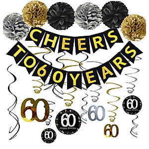 60th Birthday Party Decorations KIT - Cheers to 60 Years Banner, Sparkling Celebration 60 Hanging Swirls, Poms, Perfect 60 Years Old Party Supplies 60th Birthday Decorations