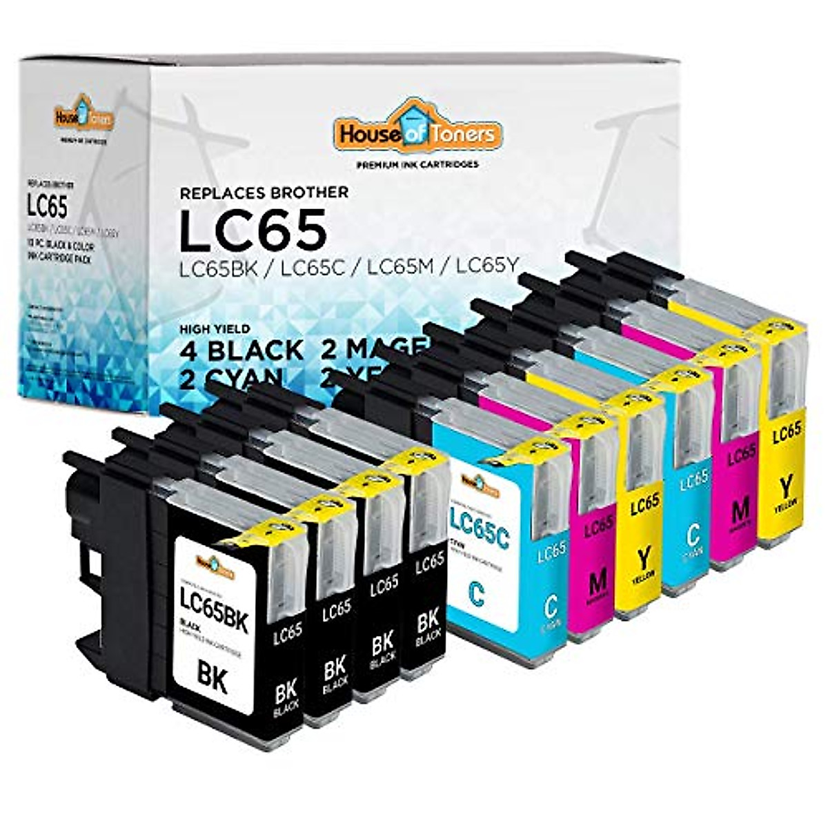HouseOfToners Compatible Ink Cartridge Replacement for Brother LC65 LC65BK LC65C LC65M LC65Y for MFC-5890CN MFC-6890CN MFC-6890CN (4B/2C/2M/2Y, 10PK)