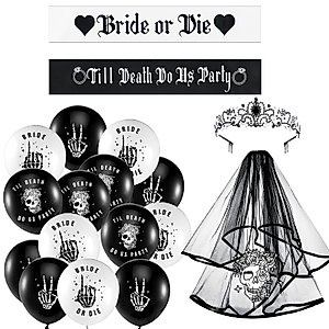 Norme 39 Pcs Bride or Die Bachelorette Party Decorations Set Bride Crown Bachelorette Sash Skull Black Bridal Wedding Veil with Comb Party Balloons for Bridal Shower Bride Bachelorette Accessories