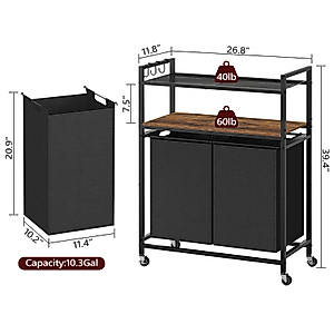 MAHANCRIS Laundry Hamper, Laundry Sorter with Shelf, Laundry Basket with 2 Pull-Out and Removable Bags, Laundry Organization and Storage for Bathroom, Laundry Room, Rustic Brown and Black LHHR4101