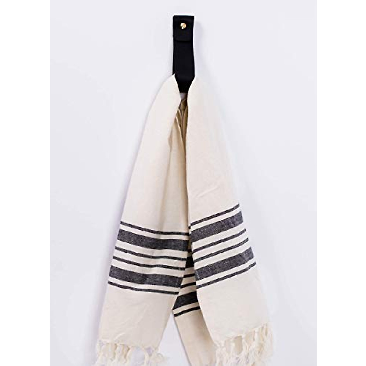 KEYAIIRA - Medium Black Leather Wall Hook, wall hanging strap towel hook for wall leather loop strap for scarf storage boat paddle holder minimal towel bar rack storage