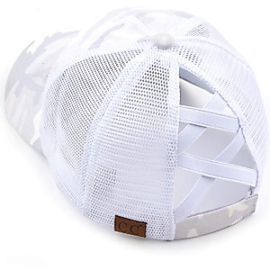 Funky Junque Criss Cross Hat Womens Baseball Cap Distressed Ponytail Messy Bun Trucker Ponycap (Camo White)