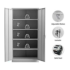 Aobabo 72" Tall 2 Door Locking Metal Storage Cabinet Organizer with 4 Adjustable Shelves and 2 Keys for Garages and Offices, Gray
