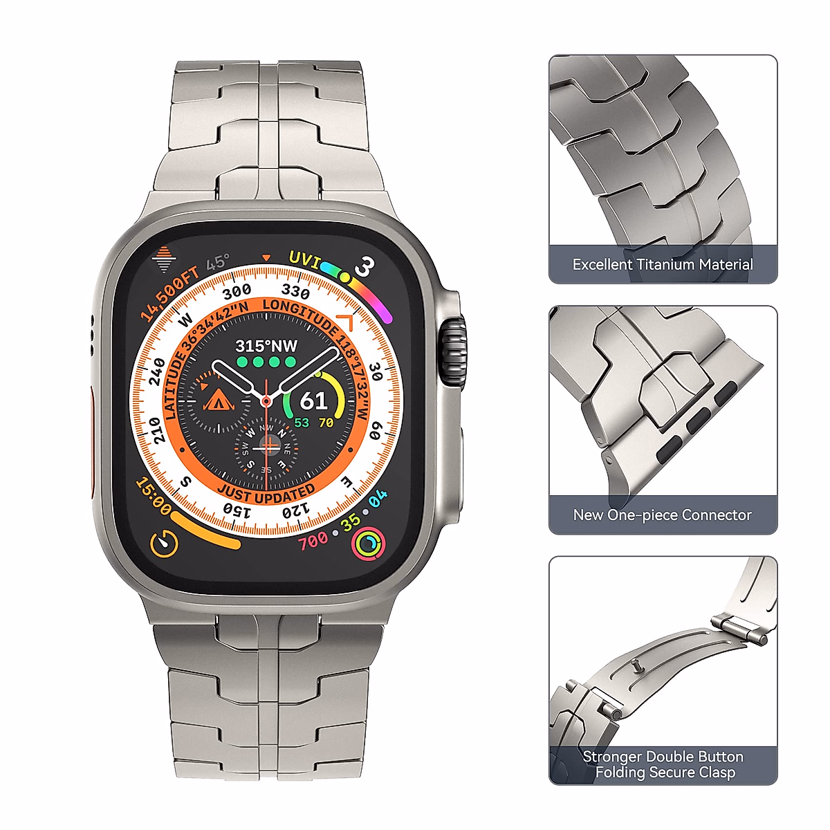 LULULOOK Titanium Band Compatible with Apple Watch Ultra/Ultra 2 49mm, Grade 2 Pure Titanium Metal Smartwatch Replacement Band with Folding Clasp for Men