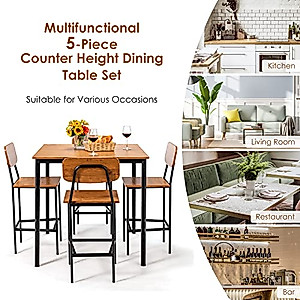 Giantex 5-Piece Dining Table Set W/Counter Height Table & 4 Bar Stools, Industrial Kitchen Dining Table Set W/Footrest & Backrest, Space-Saving Dinette Set for Pub, Dining Room, Restaurant