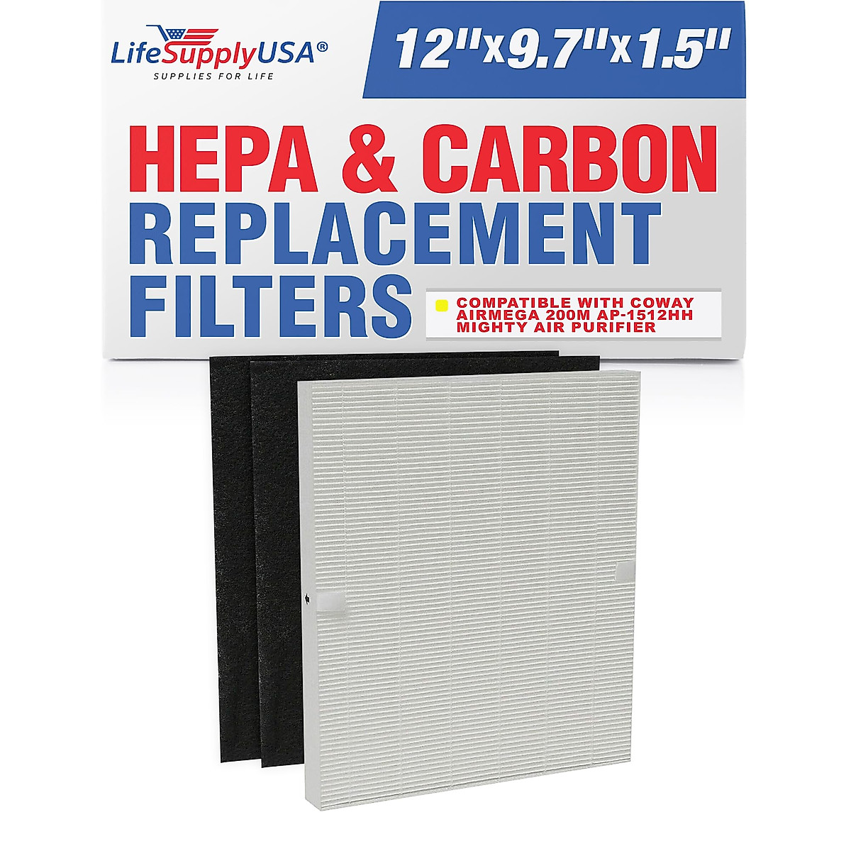 LifeSupplyUSA Complete Replacement Filter Set (1 True HEPA Air Cleaner Replacement Filter + 2 Carbon Filters) Compatible with Coway Airmega 200M AP-1512HH Mighty # 3304899 Air Purifiers