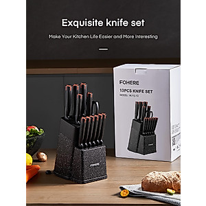 FOHERE Knife Set with Block 13 Pieces Stainless Steel Knife Sets for Kitchen with Built-in Sharpener Sharp Kitchen Knife Block Set with Granite Pattern, Anti-slip Handle Rust Resistant, Black