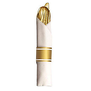 50 Pre Rolled Gold Plastic Silverware - 200pc Set, Service for 50 - Wrapped Disposable Silverware Set with Forks, Knives, Spoons, White Napkins - Fancy Decorative Flatware for Dinner, Party, Wedding