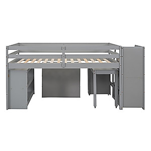 Lifeand Full Size Loft Bed with Retractable Writing Desk and 3 Drawers, Wooden Loft Bed with Storage Stairs and Shelves, Gray