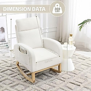 JEEOHEY Rocking Chair Nursery,Teddy Fabric Upholstered Baby Glider Rocker Chair,Comfy Accent Arm Chair with Side Pockets&Solid Wood Legs,Modern Nursing Single Sofa Chair for Living Room,Bedroom(White)