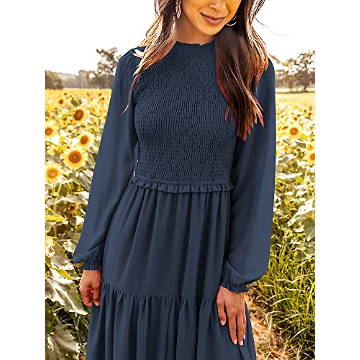 LOGENE Womens Long Sleeve Boho Smocked Midi Dress Casual Tiered Dress with Pockets 575-zanglan-S Navy Blue