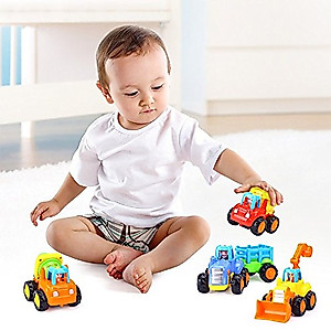 Friction Powered Cars, Push and Go Toy Trucks Construction Vehicles Toys Set for 1 2 3 Year Old Baby Toddlers Beach Dump Truck, Cement Mixer, Bulldozer, Tractor, Early Educational Gifts, A Set of 4