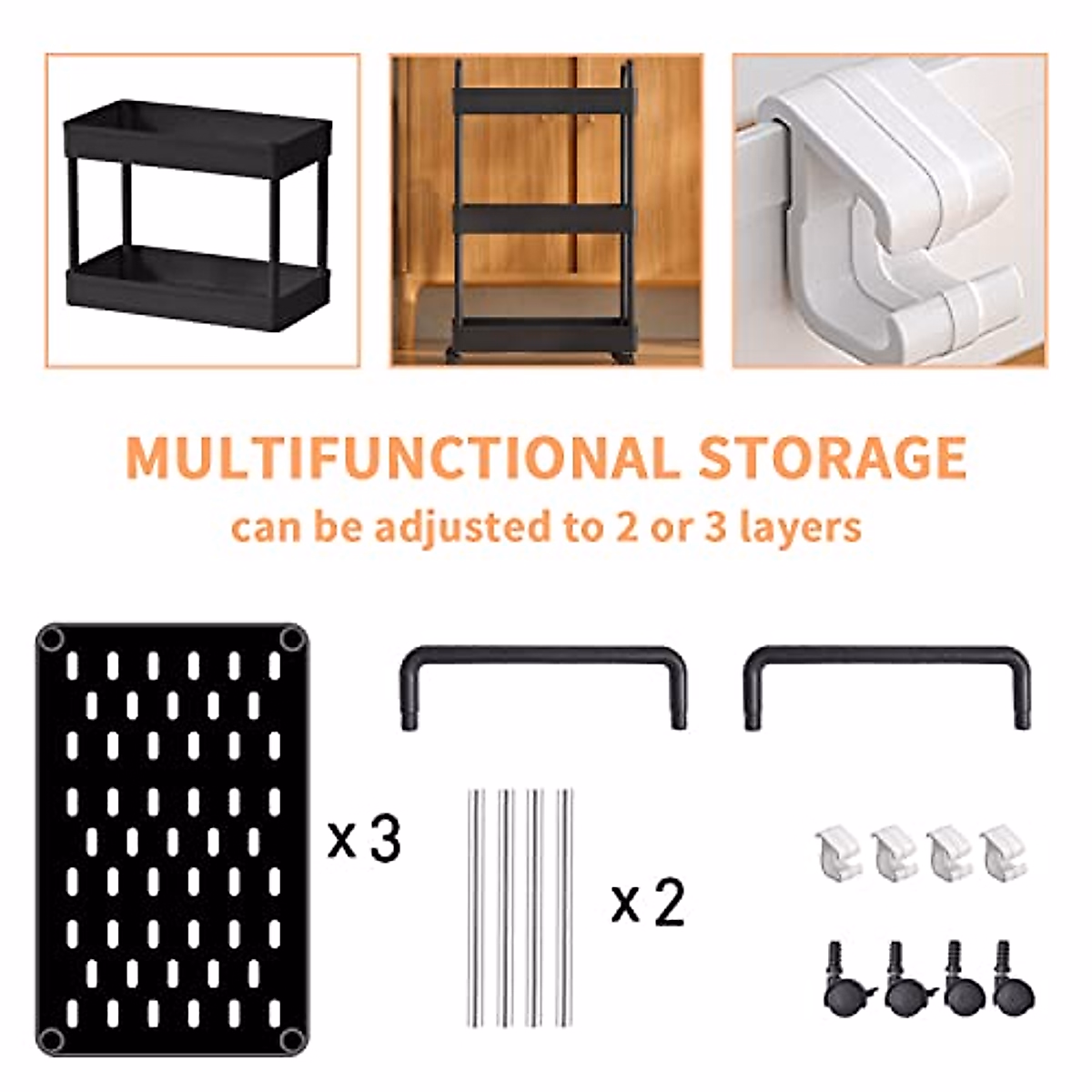 AntDesign Slim Storage Cart, 3-Tier Organizers Mobile Shelving Unit Utility Cart Tower Rack for Bathroom Laundry Narrow Places (Black)