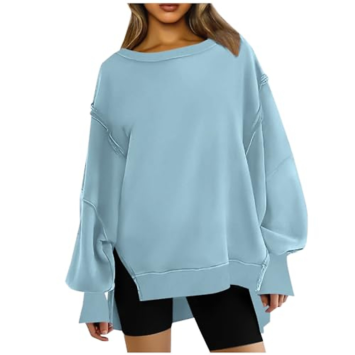 Ceboyel Women Oversized Sweatshirts Loose Fit Corded Sweatshirt Hoodie Crewneck Tunic Pullover Trendy Fall Clothes 2023 Christmas Sweatshirts for Women Light Blue 2X