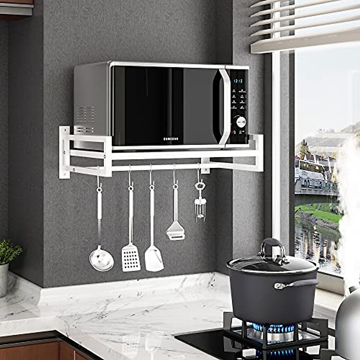 ABCOOL Wall Mount Microwave Oven Shelf Rack for Kitchen Home, Carbon Steel Counter Countertop Holder with Hook Rail and 3 Slidable Hooks