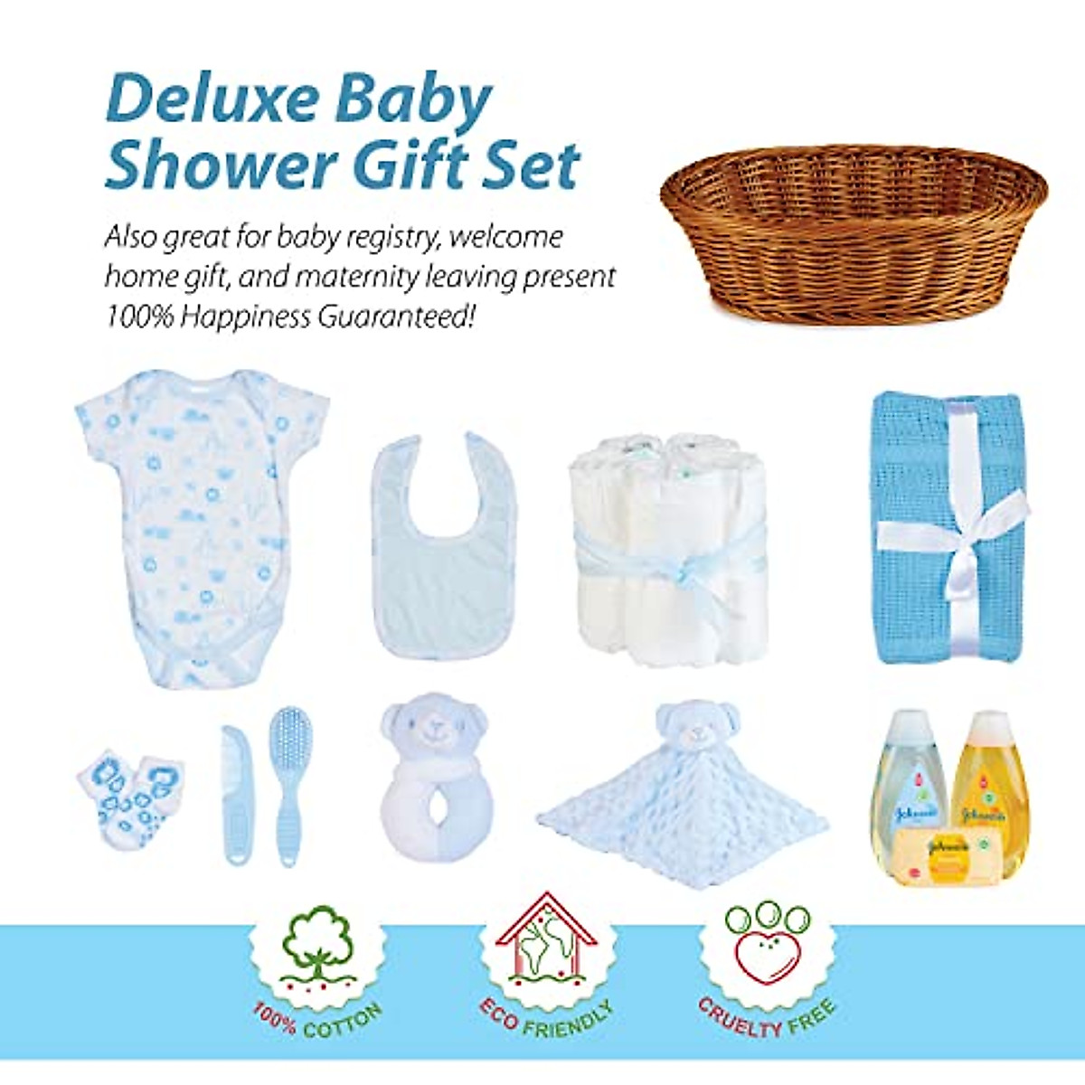 Basket for Boy - 18 Baby Boy Essentials, Blue Baby Gift Sets for Newborn, New Baby Boy Gift Basket, Maternity Welcome Baby Boy Gift