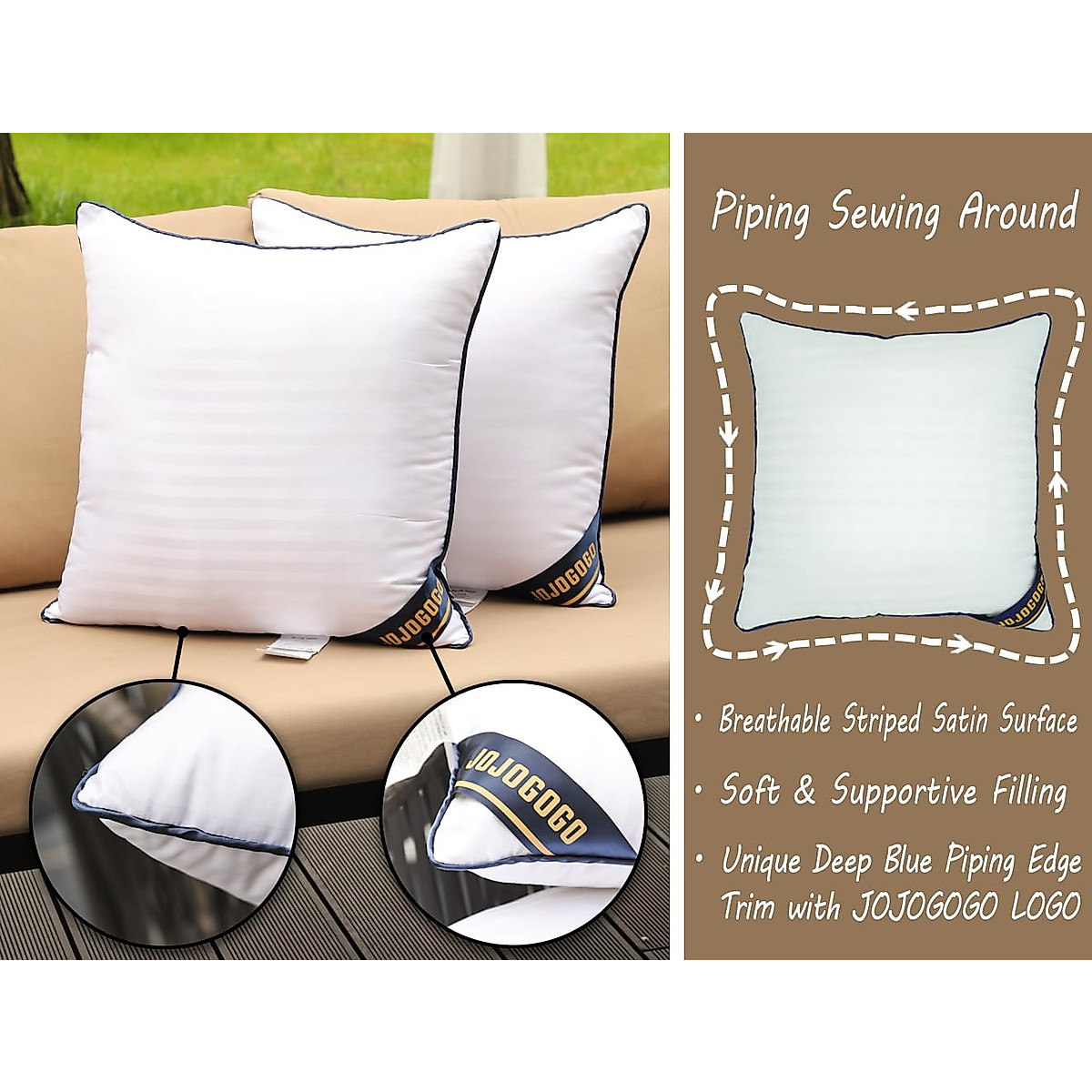 JOJOGOGO 18x18 Outdoor Throw Pillow Inserts Waterproof Set of 2, 18 x 18 Outdoor Patio Furniture Decorative Pillows, Outdoor Front Porch Decor White Chair Accent Pillows (with Deep Blue Piping)