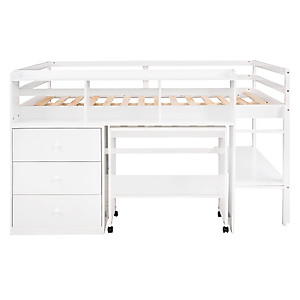 Bellemave Low Full Loft Bed with Desk and Storage Drawers Wood Kids Loft Beds Frame with Storage Shelves & Rolling Portable Desk for Juniors, Teen, Boys, Girls, Full Size, White