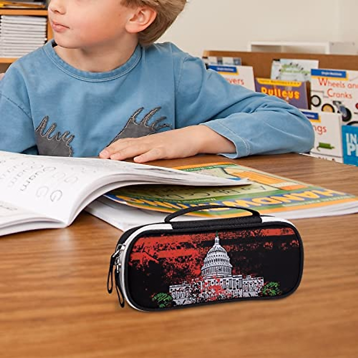 Washington and USA Flag Printed Pencil Case Bag Stationery Pouch with Handle Portable Makeup Bag Desk Organizer