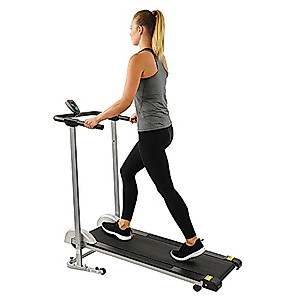 Sunny Health & Fitness Foldable Manual Treadmill, Compact Cardio Fitness, Durable Non-Electric Incline Exercise, Walking Tread Pad, Transportation Wheels, Non-Slip Handlebars with Digital Monitor