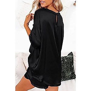 Ekouaer Womens, Satin Sleepwear, 2 Piece Slip Silk Pajamas, Short Sleeve Top and Loose Shorts, Nightwear, A-black, X-Small