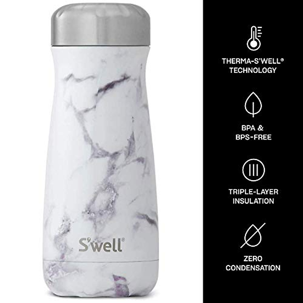 S'well Stainless Steel Traveler - 16 Fl Oz - White Marble - Triple-Layered Vacuum-Insulated Travel Mug Keeps Coffee, Tea and Drinks Cold for 24 Hours and Hot for 12 - BPA-Free Water Bottle
