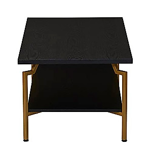 Household Essentials Crown Rectangular Coffee Table with Storage Shelf Black Oak Wood Grain and Gold Metal