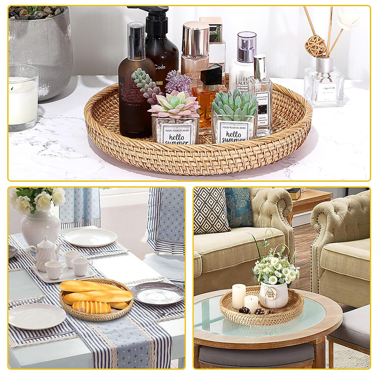 Hipiwe Round Key Basket Bowl for Entryway Table, 11.8" Large Rattan Basket Tray Decorative Ottoman Trays Centerpiece Tray for Coffee Table, Hand-Woven Fruit Basket Wicker Serving Tray