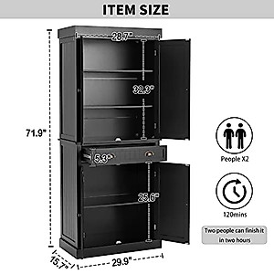 YOLENY Kitchen Pantry, 72” Freestanding Storage Cabinets with Doors and Shelves, Elegant Colonial Design Cabinet Cupboard with 3 Adjustable Shelves and 1 Storage Drawer,Black