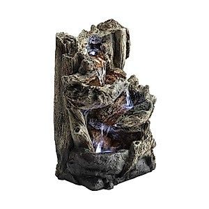 Alpine Corporation 14" Tall Indoor/Outdoor Tiered Log Tabletop Fountain with LED Lights, Beige