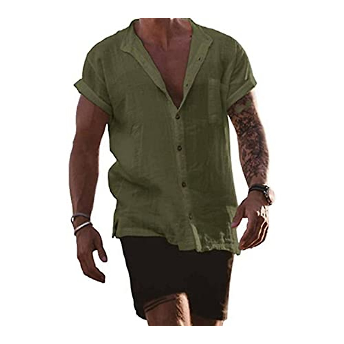 MBETA Cotton and Linen Solid Color Cardigan Loose Short Sleeve Shirt Suitable for Summer Menswear