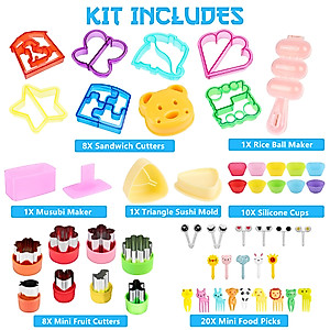 FUNGYAND Sandwich Cutter Set, 52 in 1 Bento Box Accessories Kit Includes Sandwich Cutters, Fruit Cutter, Food Picks, Silicone Cups, Musubi Maker, Rice Ball Maker, Complete Bento Lunch Box Supplies