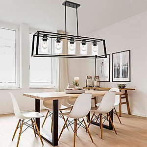 Wanluce Rectangular Chandelier for Dining Room 5 Light Matte Black Lights Fixtures with Glass Shade Farmhouse Linear Industrial Modern Hanging Lighting