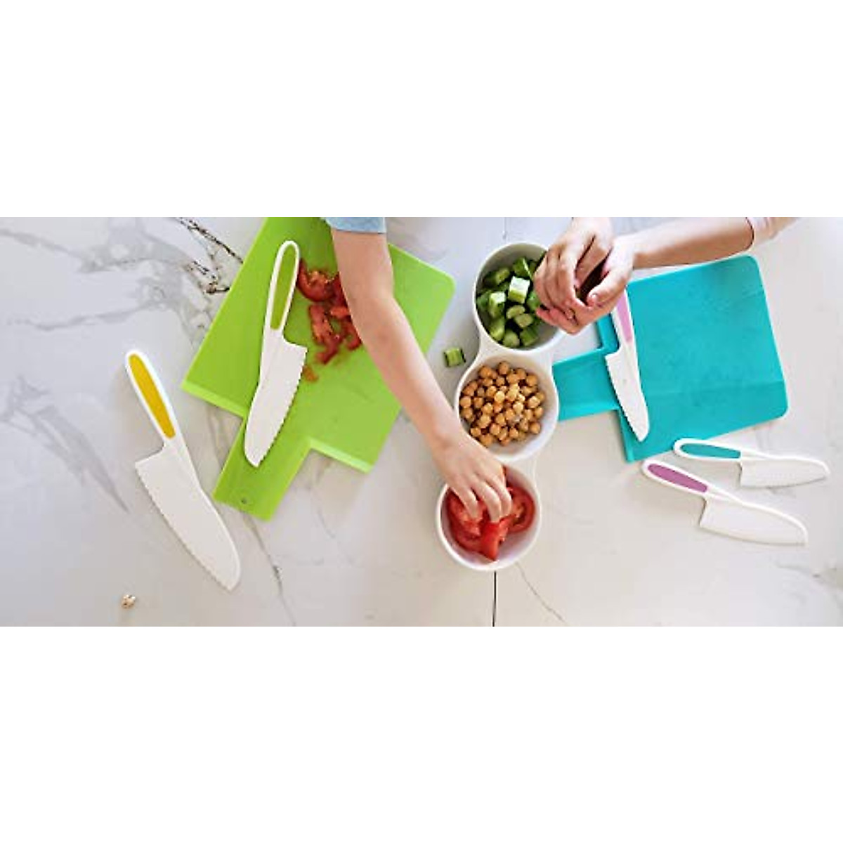 Tovla Jr Kids Kitchen Montessori Knives and Foldable Cutting Board Set: Children's Safety Cooking Knives in 3 Sizes & Colors/Firm Grip, Serrated Edges, BPA-Free Kids' /Safe Lettuce Knives (Green)