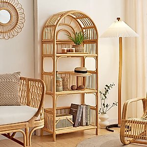 EESHHA Bookcase 4-Tier Arched Bookshelf, Rattan Tall Open Bookcase Storage Shelves, Wood Metal Freestanding Display Rack, Home Decor for Bedroom, Living Room