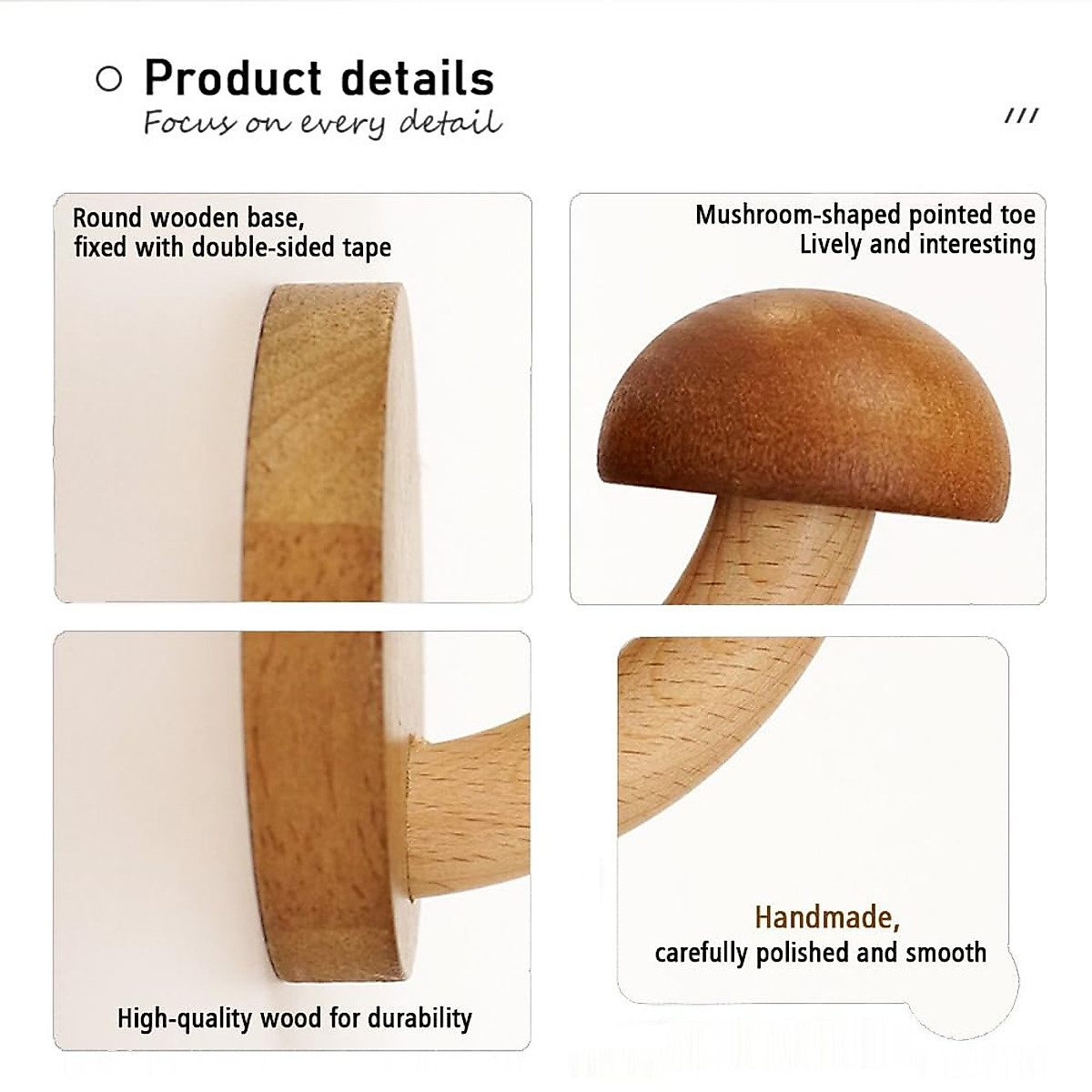 Auntzyj Fun Wooden Mushroom Coat Hook, Non-Perforated Solid Wood Hook, Kitchen Bathroom Cloakroom Door Hook (Red,4 pcs)