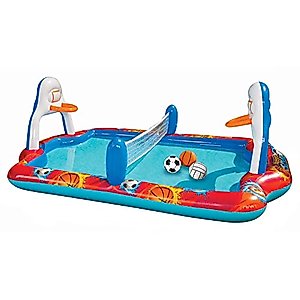 Banzai Outdoor Inflatable Sports Arena 4 in 1 Play Center Water Park Pool with Soccer, Volleyball, and Basketball Sports Ball, Ages 3+