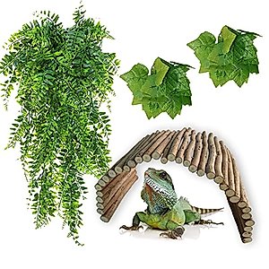 Freiomyi Bearded Dragon Hideout Reptiles Wooden Bridge Bendable Climber Ladder Hide Caves with Hanging Plants Habitat Decor Accessories for Gecko Chameleon Frog Turtle Snake 15.7″×5.9″