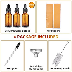 Cibeat 24 Pack 1oz Amber Glass Eye Dropper Bottle with 2pcs Stainless Steel Funnels and Long Glass Dropper and Cleaning Brush - 30ml Leakproof Travel Bottles for Liquids Like Essential Oils