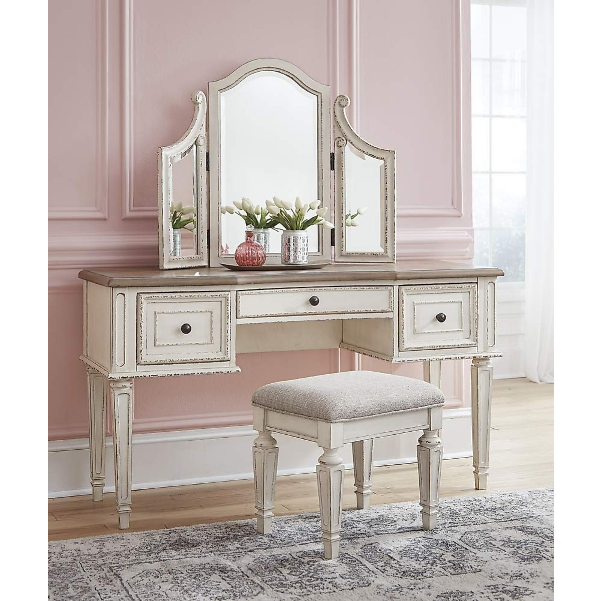Signature Design by Ashley Realyn Traditional Cottage 3 Drawer Vanity Set with Dovetail Construction, Mirror & Stool Included, Chipped White, Distressed Brown