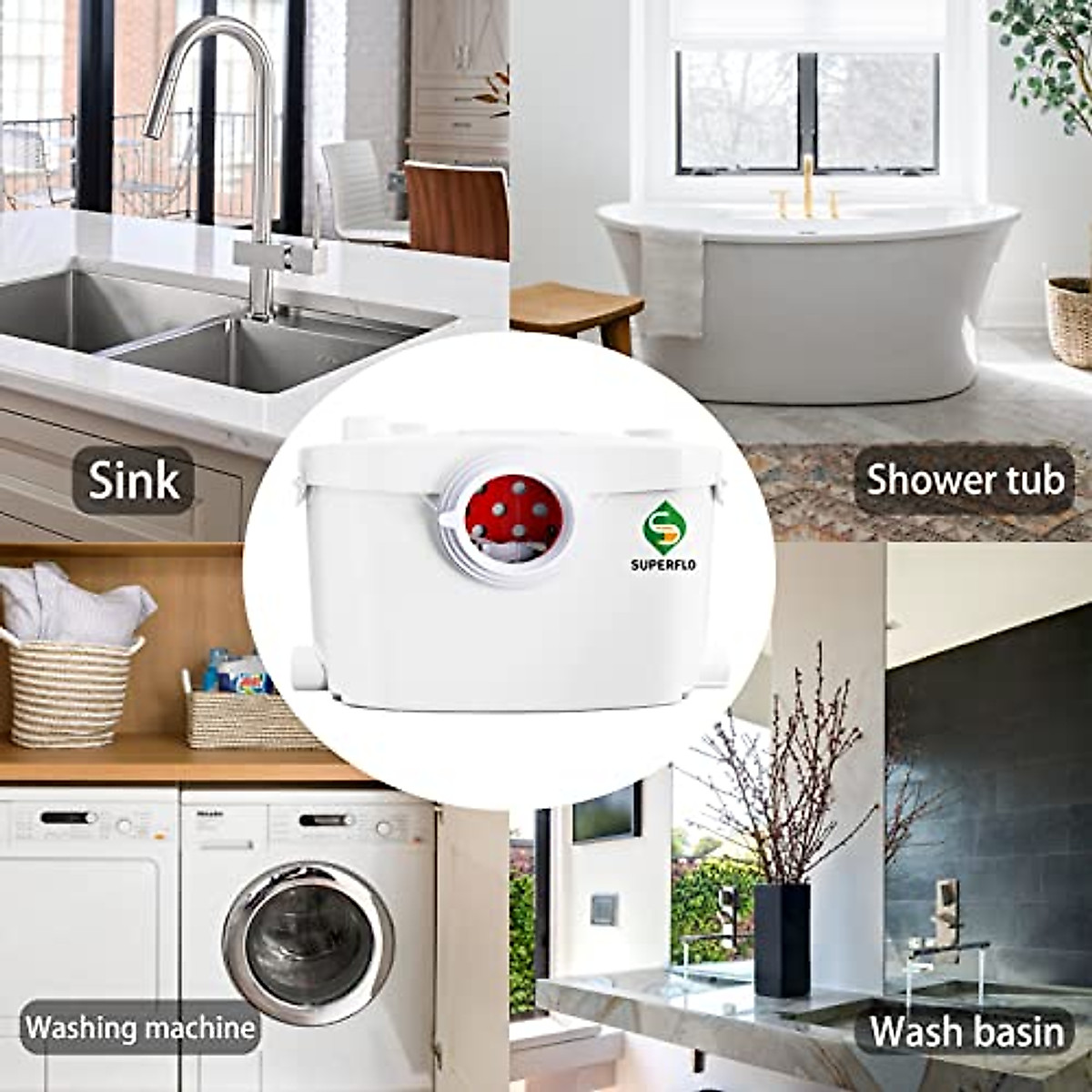 600W Macerator Toilet Pump for Macecrating Toilet, Sewerage Sump Pump for Basement Room Toilet, for Upflush Waste Water, with 4 Water lnlets Connectable Sink, Shower Room, Laundry, Tub
