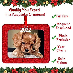 2022 Christmas Photo Frame Ornament, Magnetic Glitter with Non-Glare Photo Protector, Horizontal - Red, 3-Pack