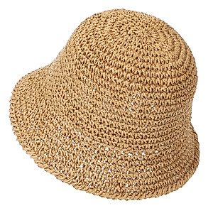 Rulala Fancy Womens Sun Hat Handmade Straw Bucket UV Protection Wide Brim Packable Travel Summer Cap for Beach UPF 50+(Khaki)