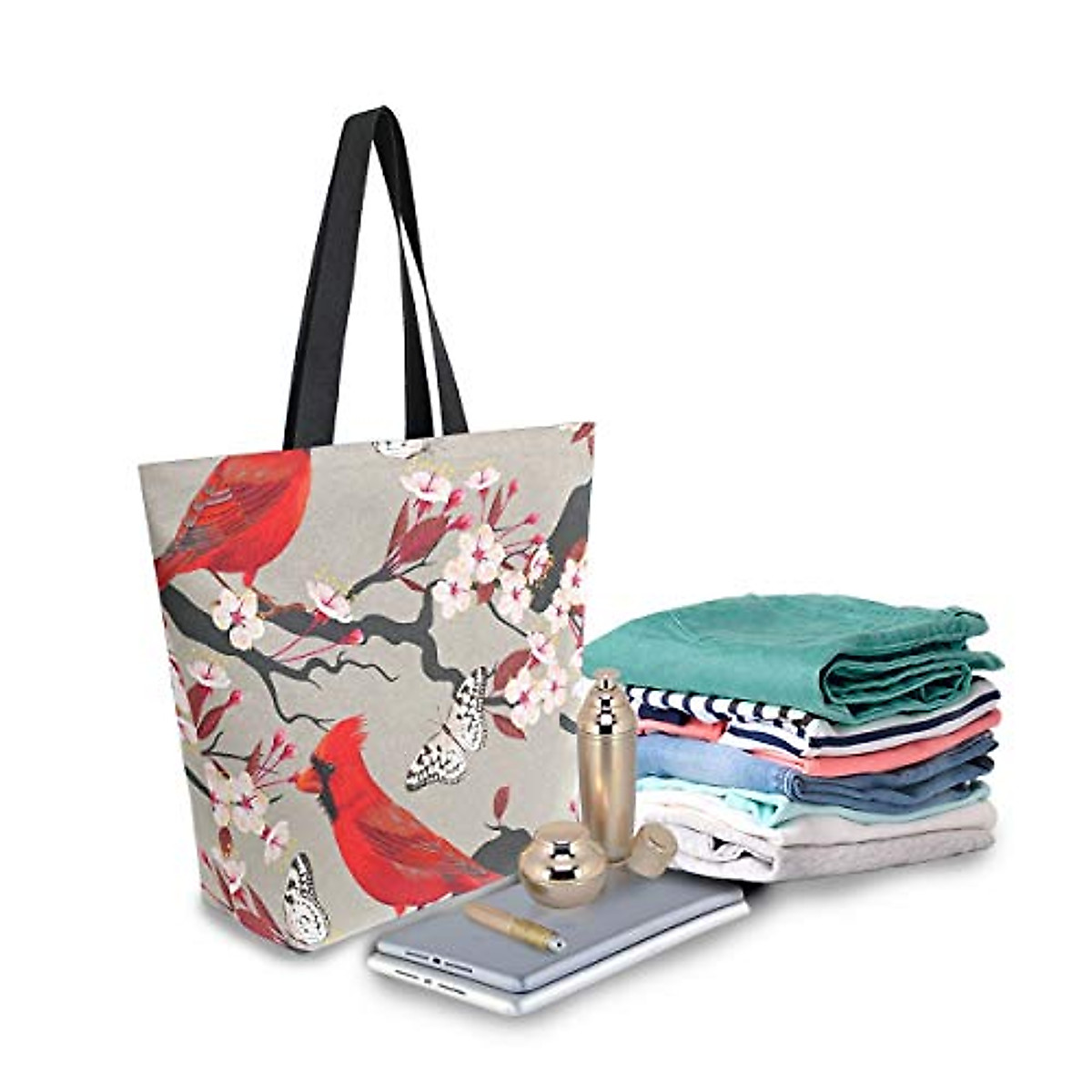 Cardinal And Blooming Cherry Canvas Tote Bag Reusable Grocery Bags Tote Carrying Bag with Handles