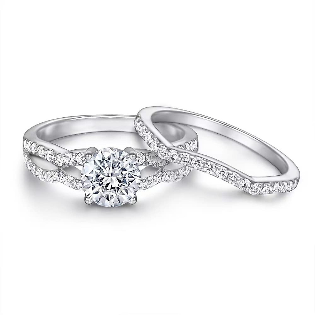 Engagement Ring Sets Bridal Ring Sets for Women, 1 Carat Center Moissanite Wedding Ring Sets for Her 10K/14K/18K White Gold Platinum Plated Silver