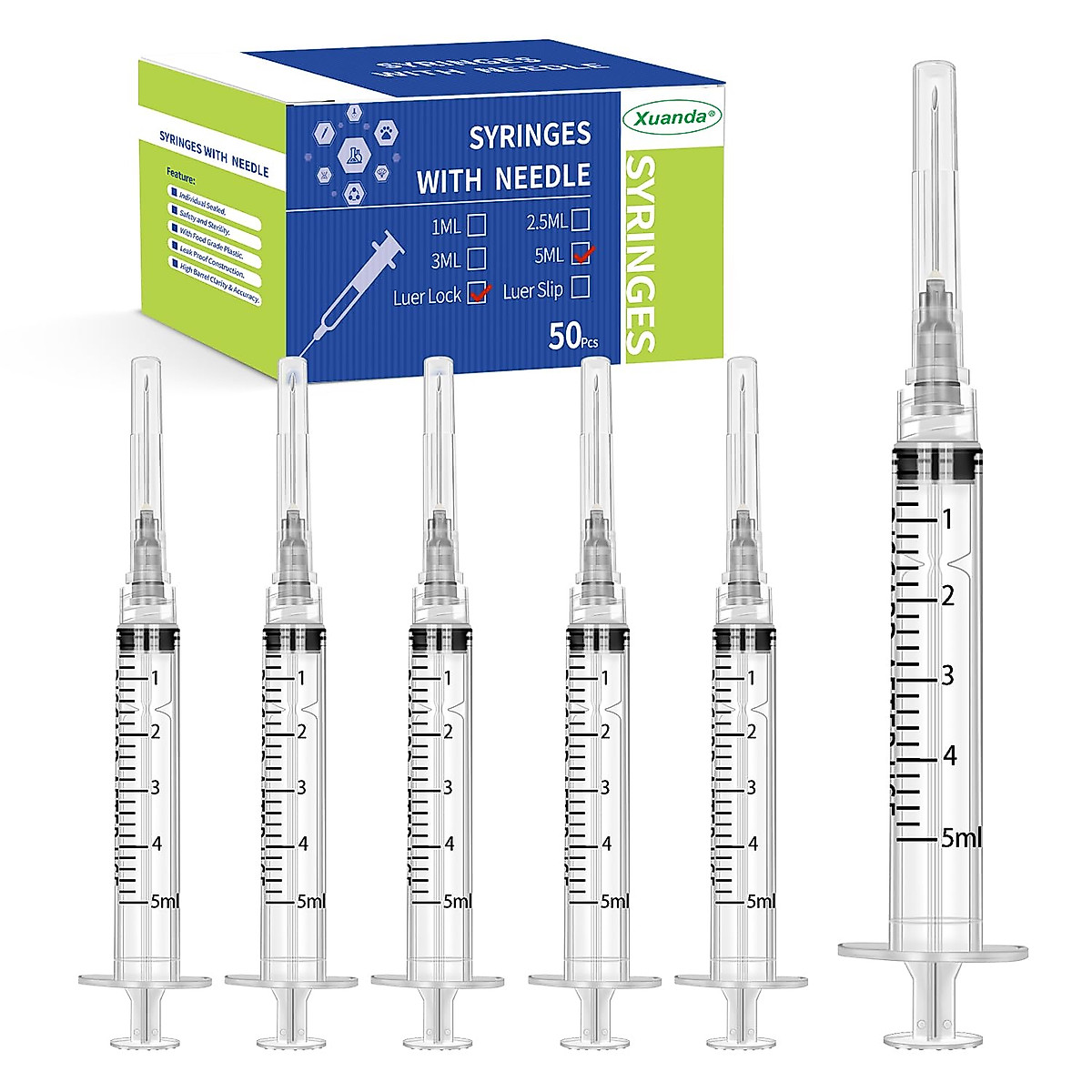 Xuanda 50Pack 5ml Syringe Individual Package Suitable for Industrial, Scientific, Measuring, Watering, Pet Feeding, Glue Applicator