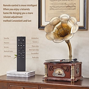 HZLSBL Vintage Gramophone with Bluetooth Output Vintage Record Players Retro Gramophone Turntables for 7" 9" 12" Vinyl Records 3 Speed, Hi-Fi, Handcrafted by Pure Oak (Walnut)