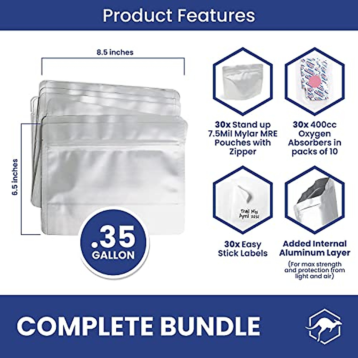 Wallaby MRE Mylar Bag Bundle - 30x (7.5 Mil - 6.5" x 8.5’’) Stand-Up Zipper Pouches, 30x 400cc Oxygen Absorbers - Heat Sealable & Withstand Boiling Water - Long-Term Food Storage Solutions - Silver