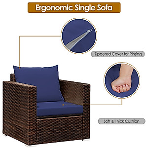 RELAX4LIFE 3-Piece Wicker Bistro Set - Outdoor Patio Rattan Sofa Set w/Washable Cushions & Tempered Glass Coffee Table, Conversation Furniture Set for Backyard, Porch, Garden & Poolside (Navy Blue)