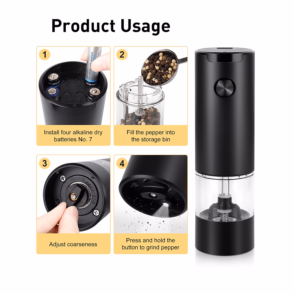 Electric Pepper Grinder or Salt Mill, Battery Powered Automatic Pepper Mill, Ceramic Grinder with Adjustable Coarseness, LED Light, and Salt Mill Refillable, One Hand Operation